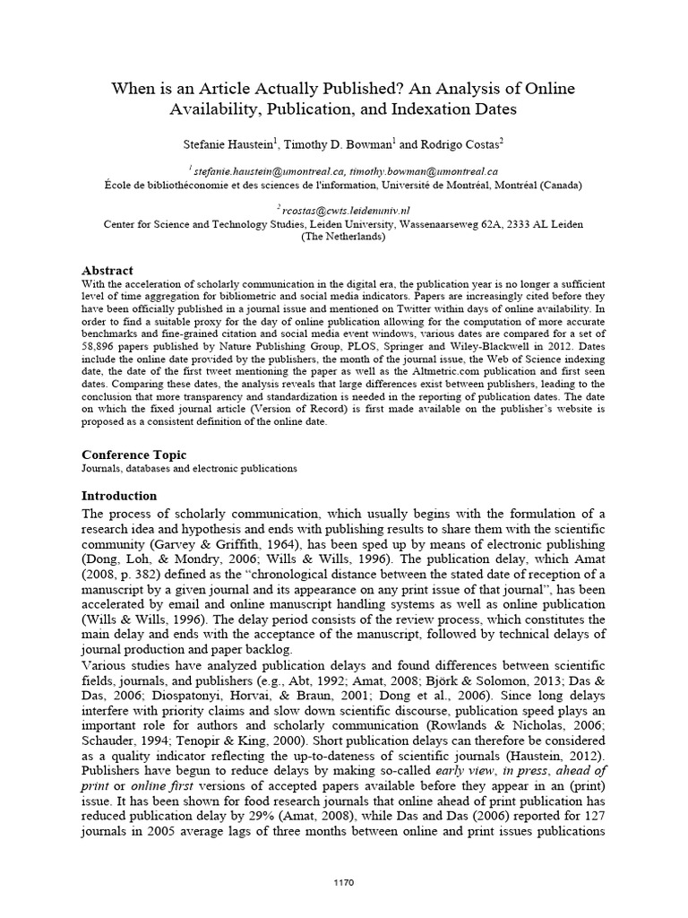 When Is An Article Actually Published? An Analysis of Online ...