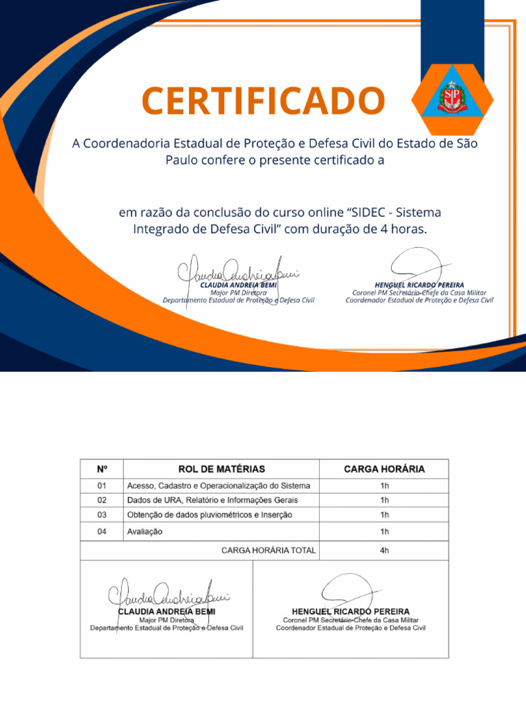 SIDEC Sistema Integrado de Defesa Civil-SIDEC Certificado 8039 | PDF