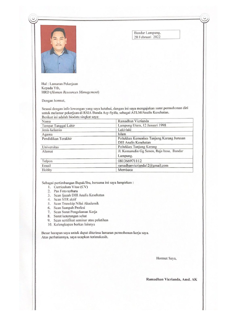 Lamaran Kerja Ramadhan Vicrianda RSIA Bunda Asy-Syifa | PDF