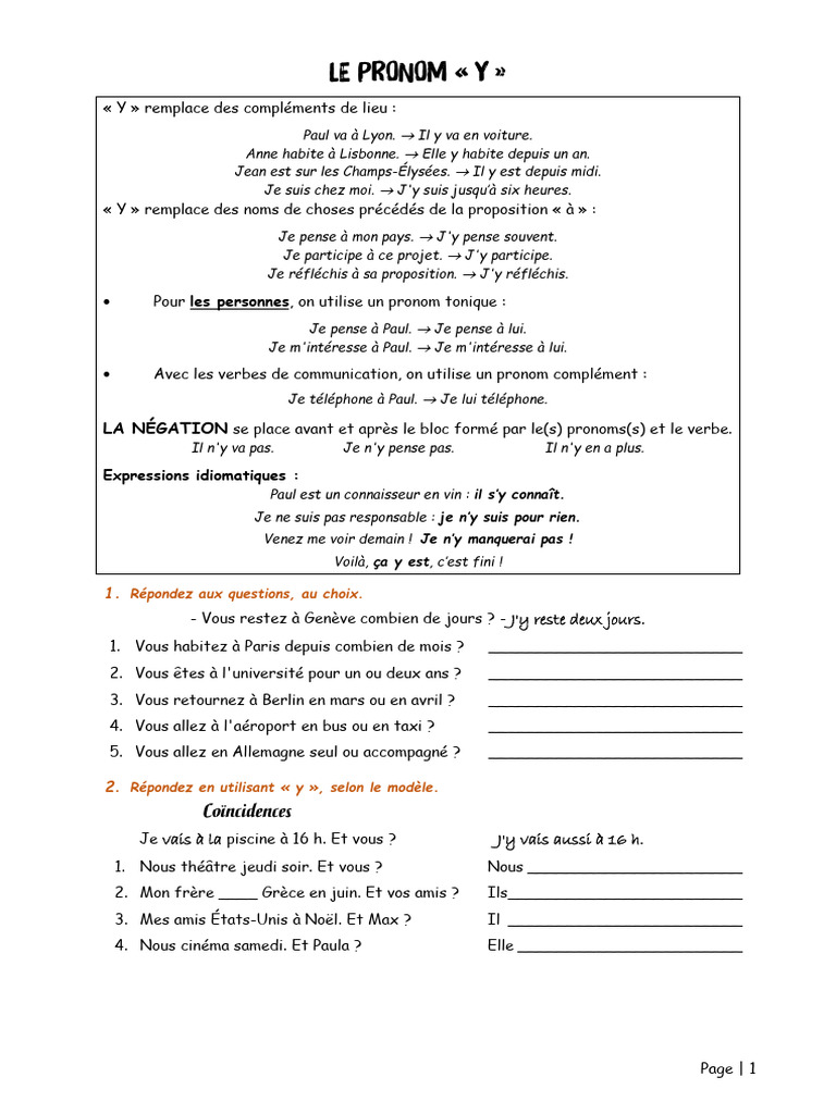 Le Pronom Y | PDF