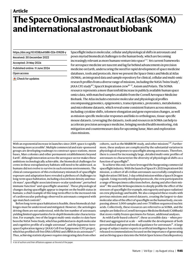 The Space Omics and Medical Atlas (SOMA) and International Astronaut ...