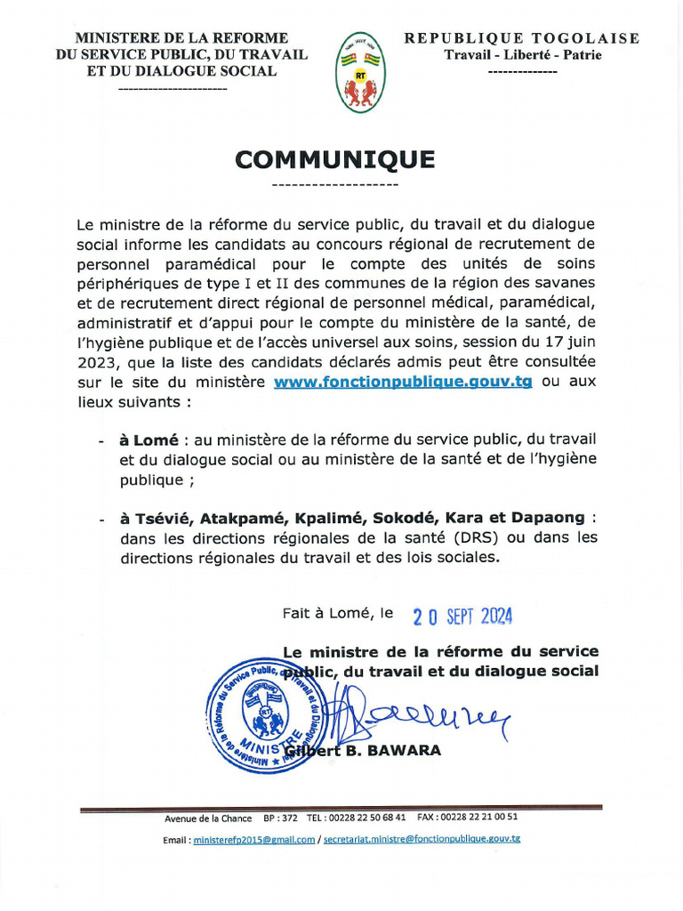 Communique de Proclamation Des Resultats Du Concours de La Sante de ... Communique de Proclamation Des Resultats Du Concours de La Sante de ...