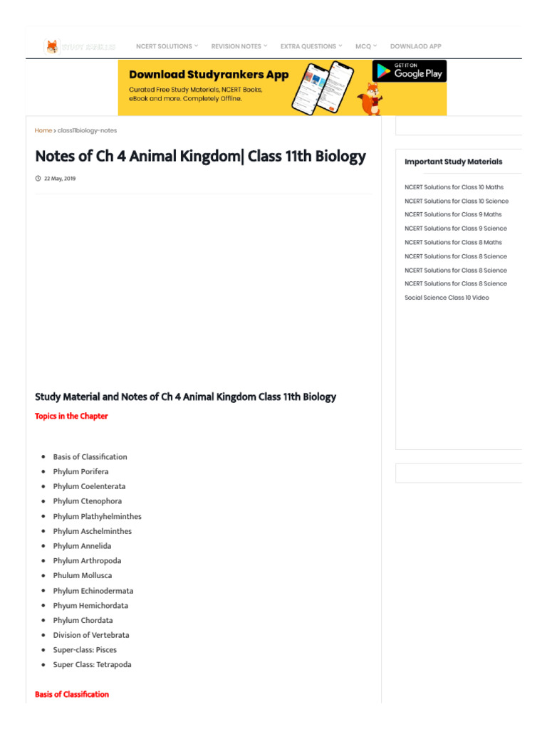 Notes of CH 4 Animal Kingdom - Class 11th Biology | PDF | Sponge | Wellness