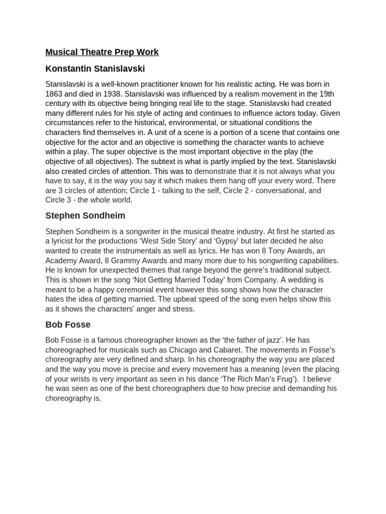 Musical Theatre Prep Work Konstantin Stanislavski: Stephen Sondheim | PDF