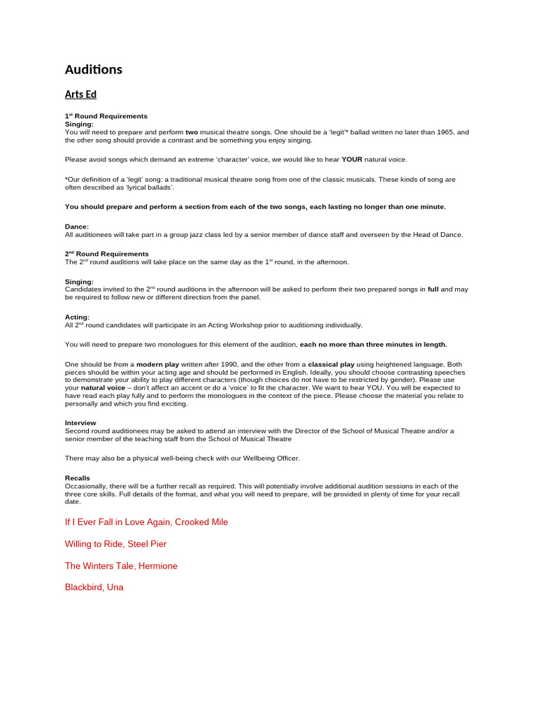 Audition Requirements | PDF