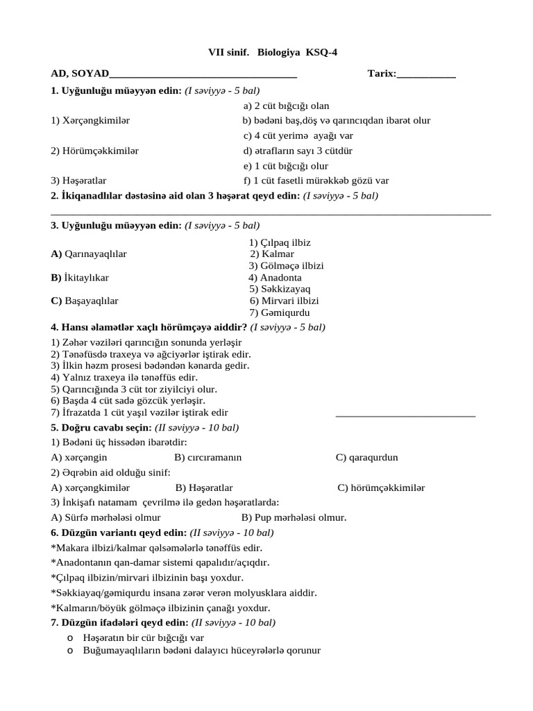 7 Ci Sinif Biologiya KSQ 4 | PDF