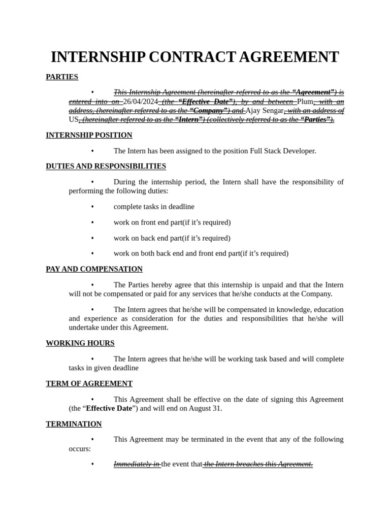 Internship Contract Agreement Signaturely | PDF