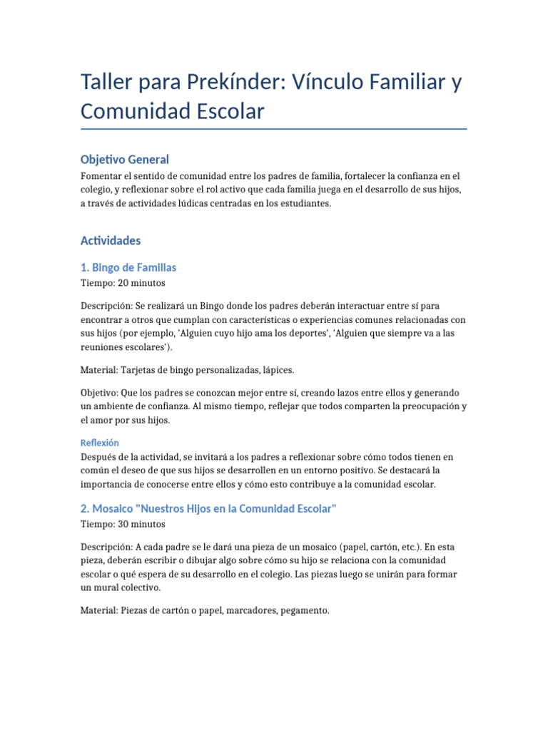 Taller PreKinder Vinculo Familiar Comunidad Escolar | PDF