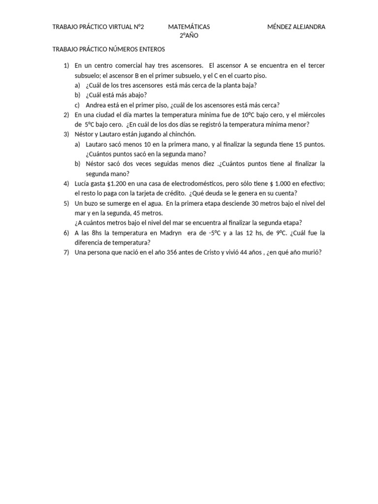 Agustin Coronel - TRABAJO VIRTUAL 2 Problemas Con Números Enteros | PDF