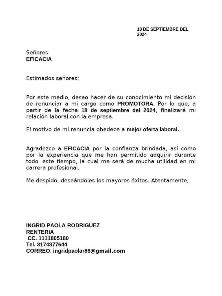 Carta de Renuncia Ingrid | PDF