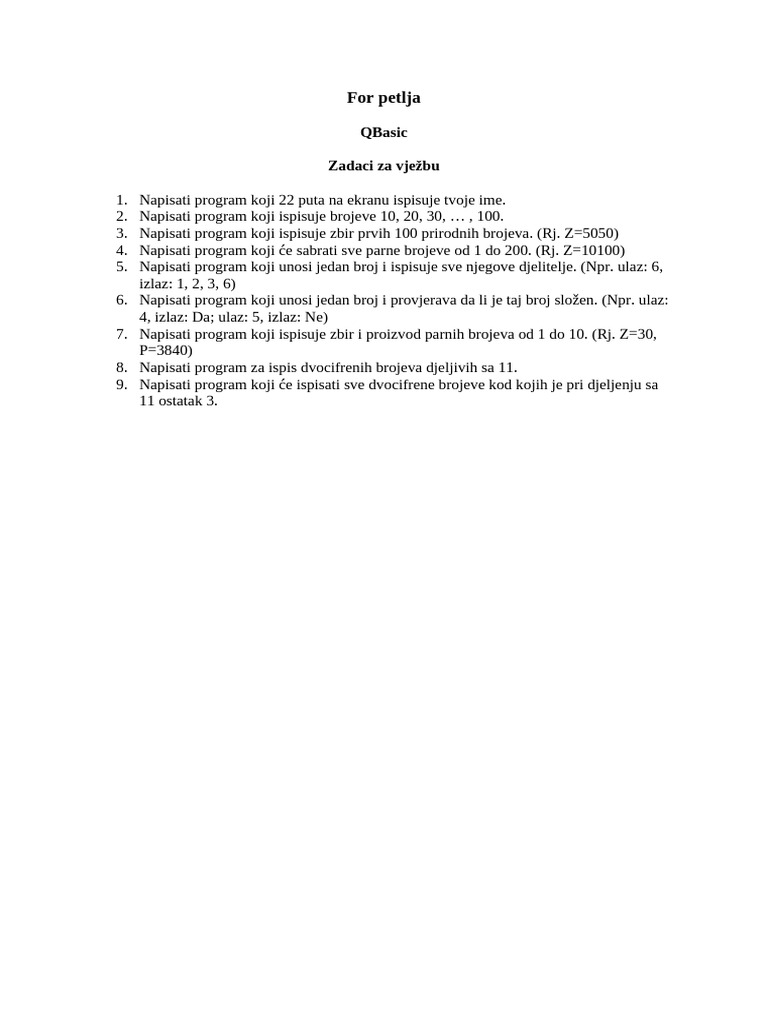 Zadaci Za Vjezbu For Petlja | PDF