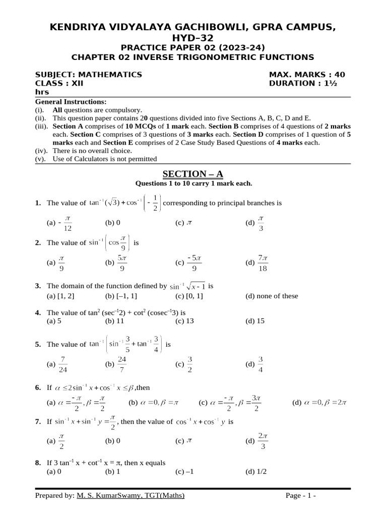 Maths Class Xii Chapter 02 Inverse Trigonometric Functions Practice Paper 02 | PDF