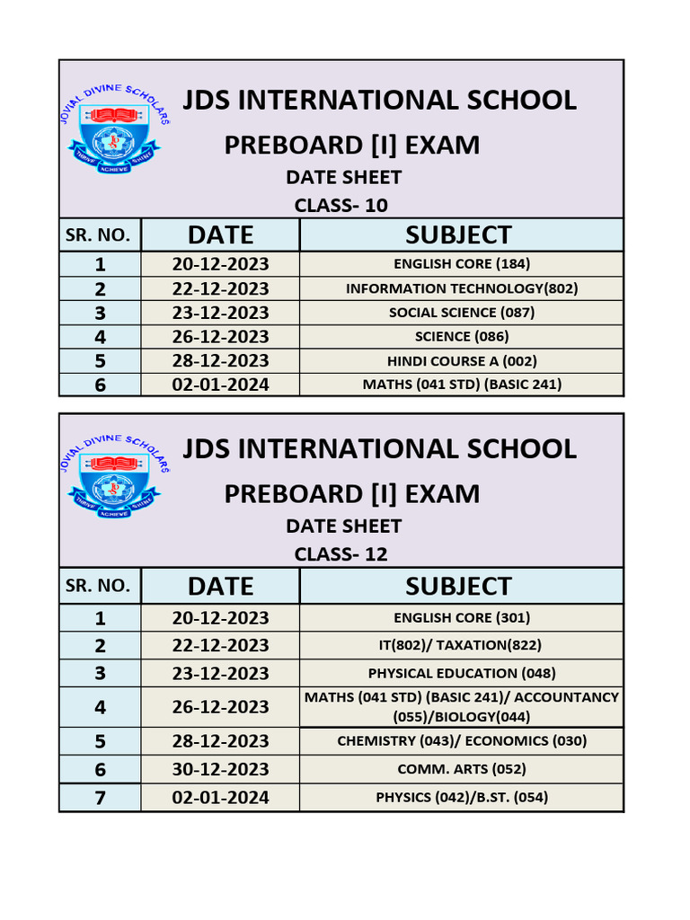 Class 10th and 12th Preboard i Date Sheet | PDF