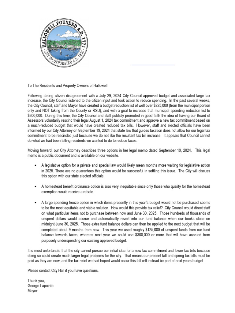 Tax Letter To Residents 9-24-24 | PDF | Taxes | Taxation