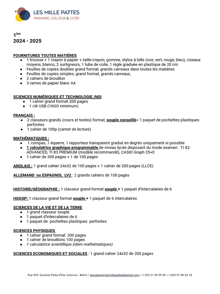 FOURNITURES 1ère | PDF