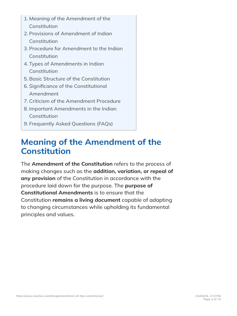 Amendment of the Constitution- Meaning, Types, Procedure & Limitations | PDF