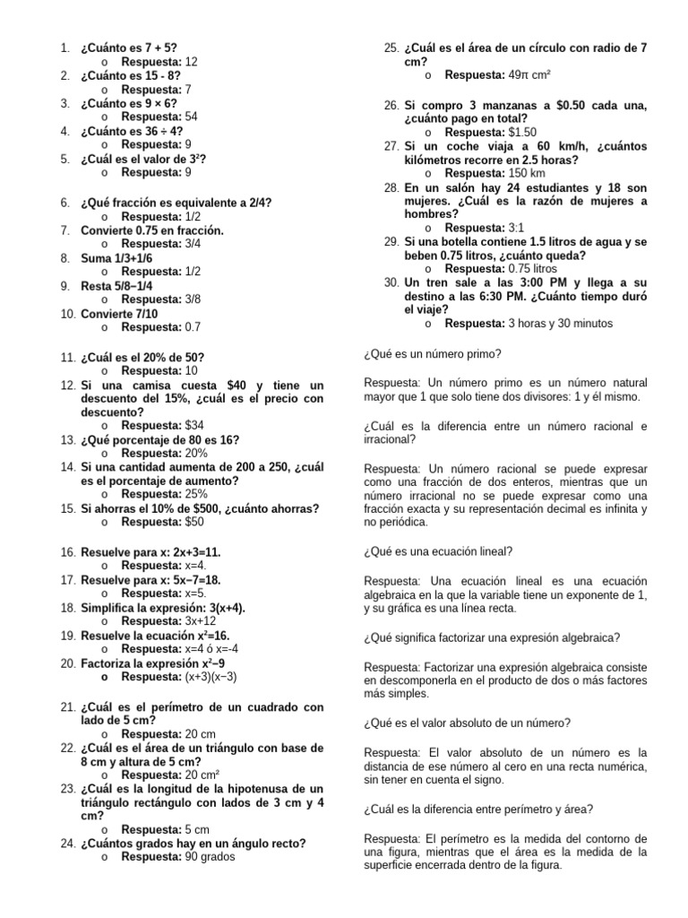Aquí Tienes 30 Preguntas de Matemáticas Básicas Junto Con Sus Respuestas | PDF