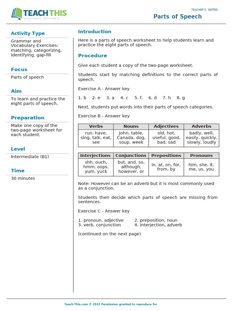 Parts of Speech Practice | PDF
