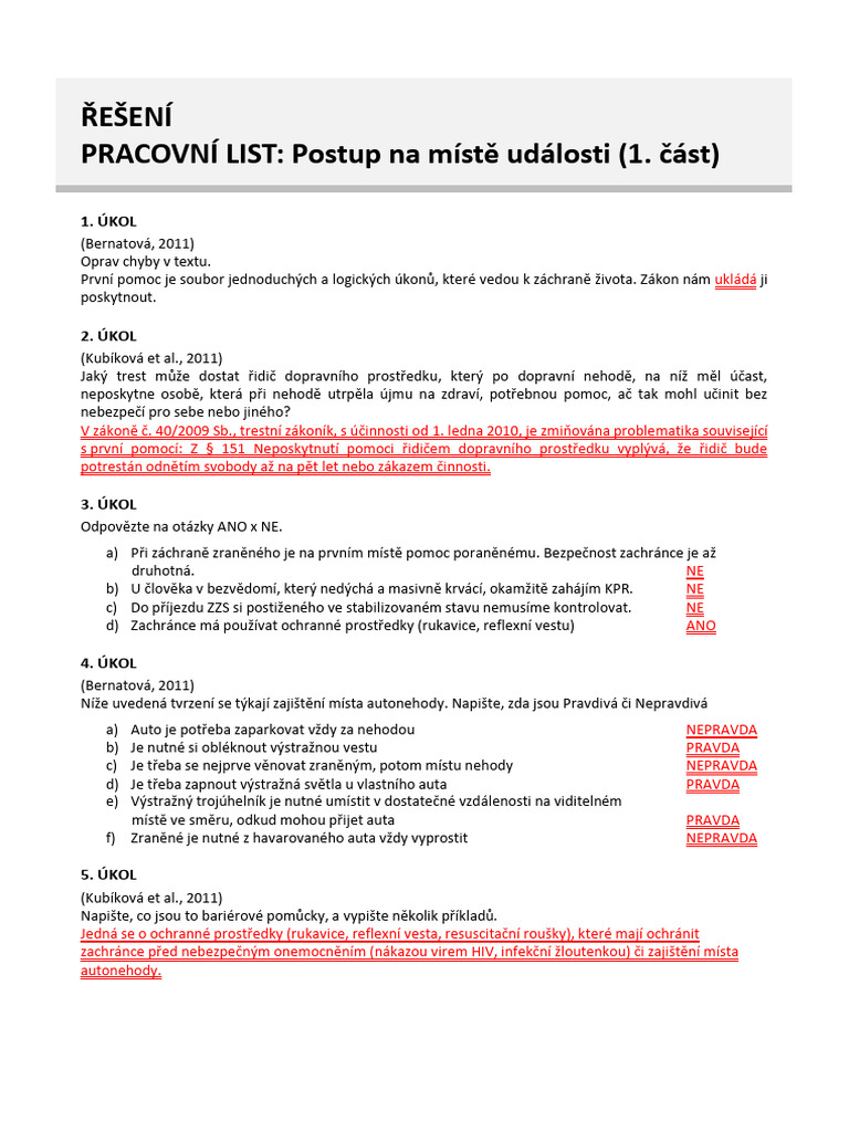 Reseni Pracovni List Postup Na Miste Udalosti 1 Cast | PDF