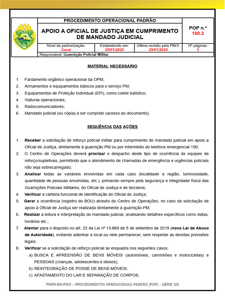 POP 100.2 - Apoio A Oficial de Justica em Cumprimento de Mandado ...