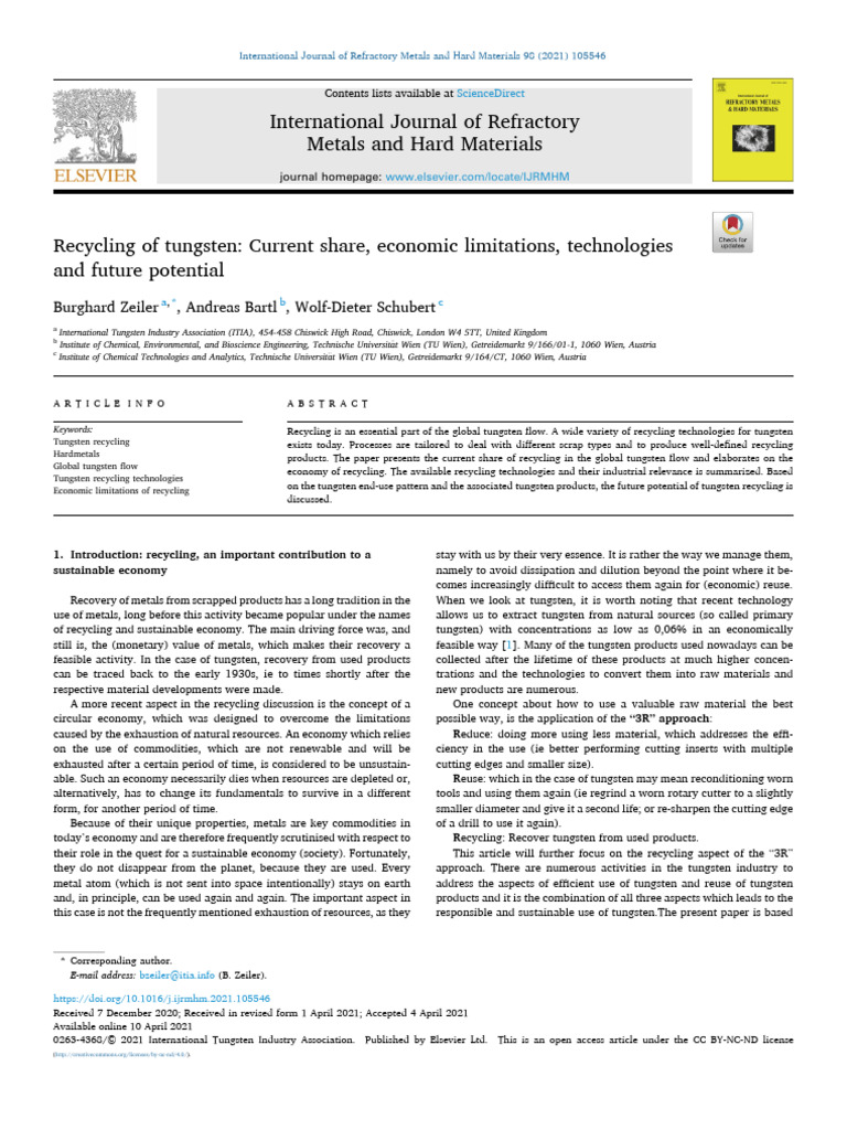 Tungsten Recycling Current Share and Potential | PDF