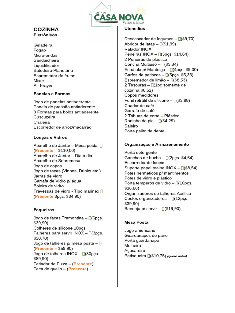Lista de Casa Nova Atualizada | PDF