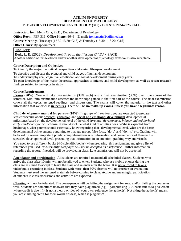 PSY203 Dev Psy I Syllabus | PDF