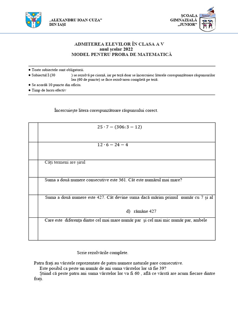 Model Subiecte Matematica 1 | PDF