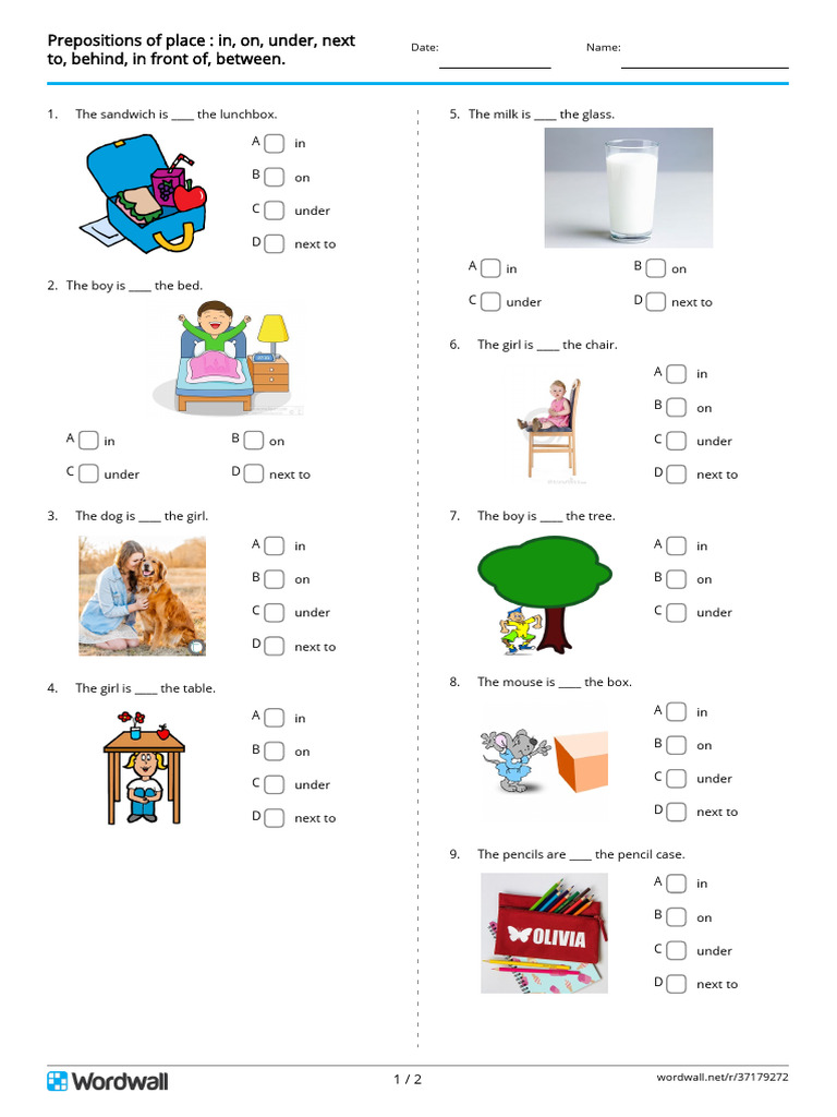 Prepositions of Place in On Under Next To Behind in Front of Between ...