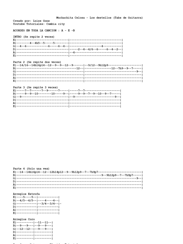 Muchachita Celosa - Los Destellos Tabs Guitar | PDF