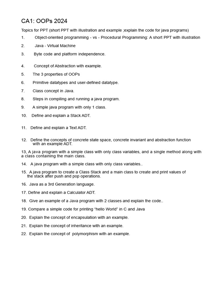Topics CA1 OOPs 2024 BTech | PDF