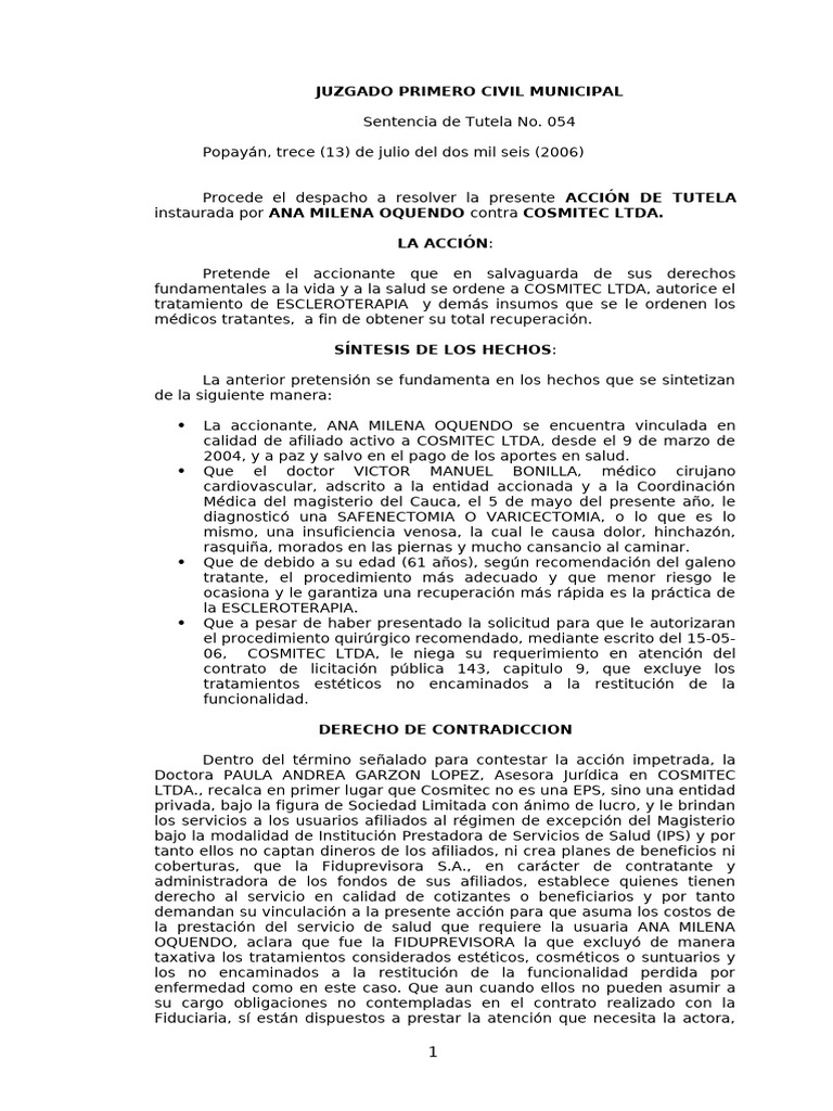 Tutela de Ana Oquendo contra COSMITEC LTDA | PDF | Dignidad | Finanzas ...