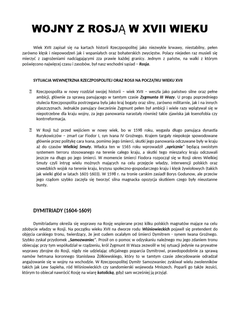 Wojny Z Rosją W XVII W. | PDF