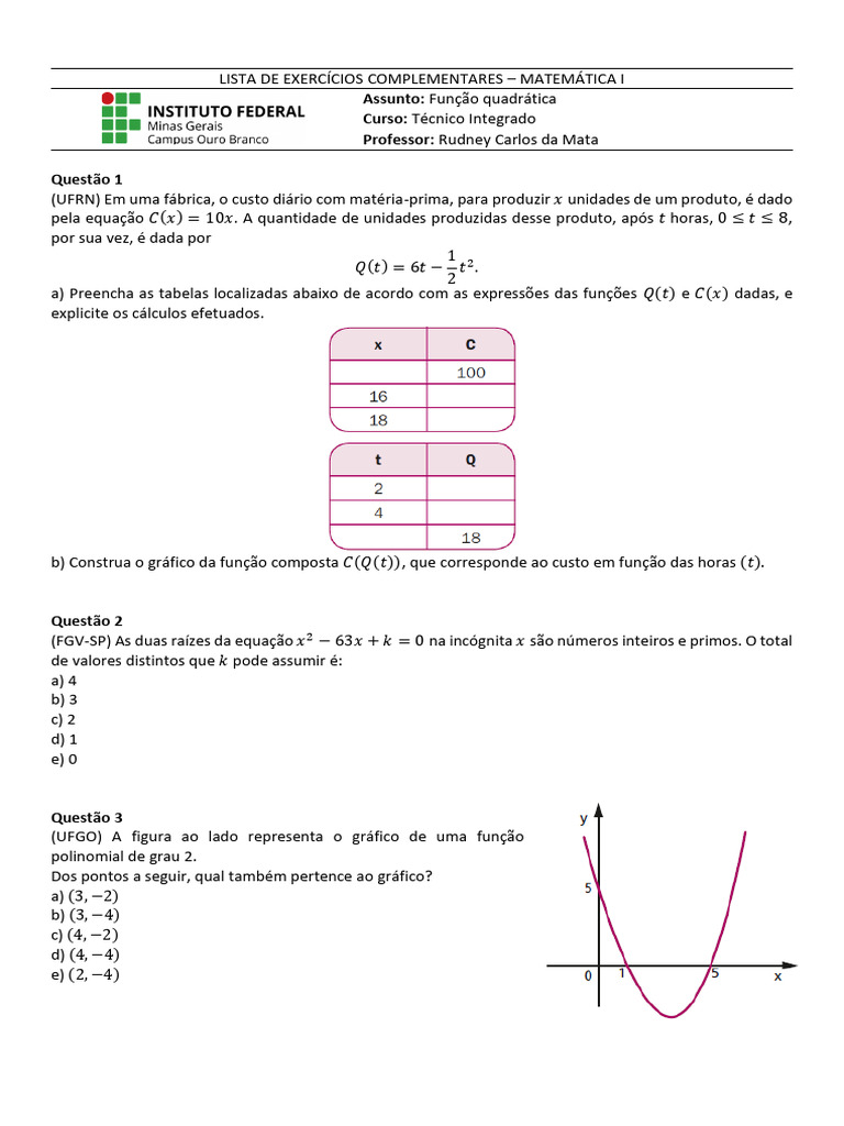 Lista de Exercícios Complementares Funcao Quadratica | PDF