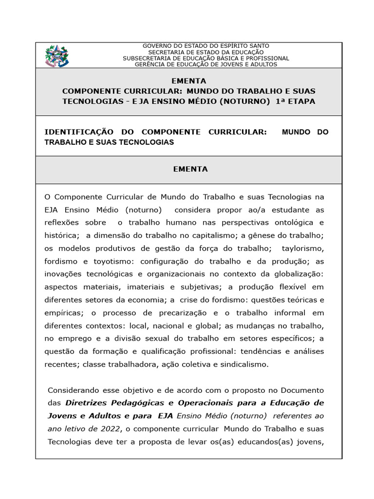 EMENTA MMT 1a ETAPA EJA EM NOTURNO | PDF