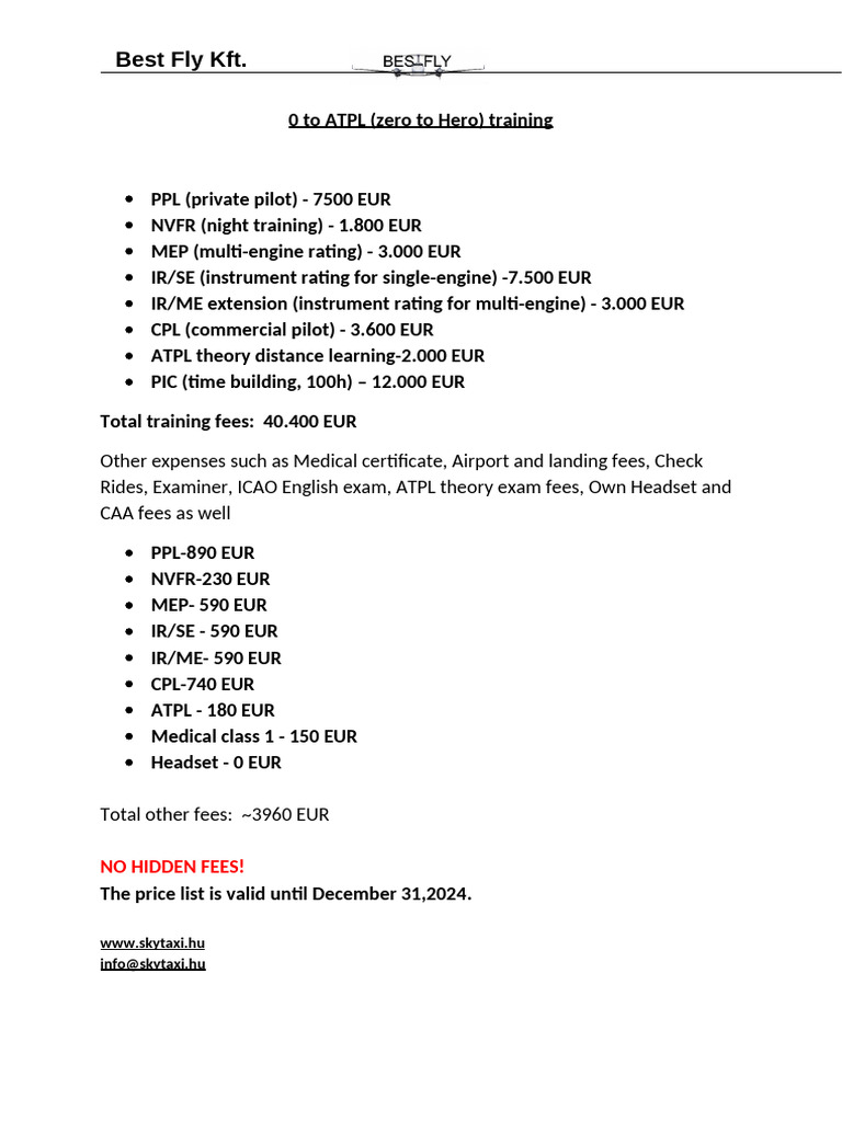 0 To ATPL Training Árlista 2024 Dec 31-Ig | PDF