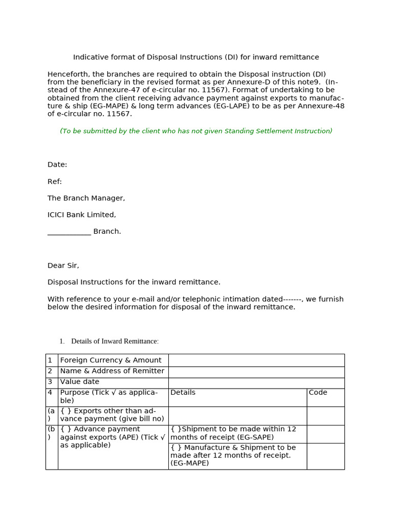 Disposal Instruction Advance Against Export (Inward Remittance) | PDF