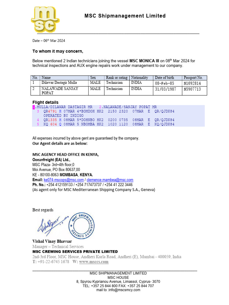 LOG MSC Monica III - Mombasa | PDF