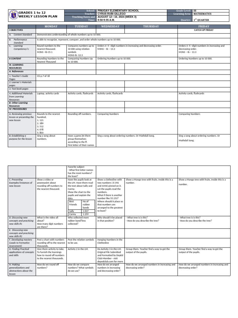 WLP Mathematics 3 q1 w3 | PDF