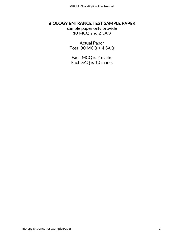 Biology Entrance Test Sample Paper | PDF