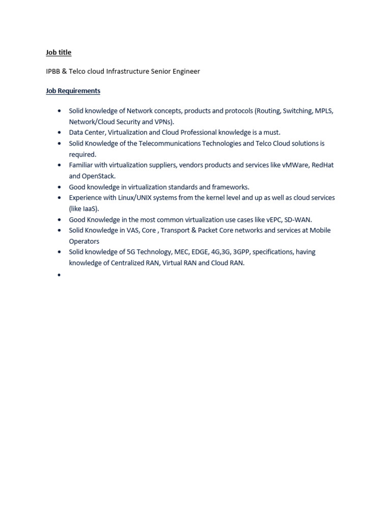 IPBB & Telco Cloud Job Requirements | PDF