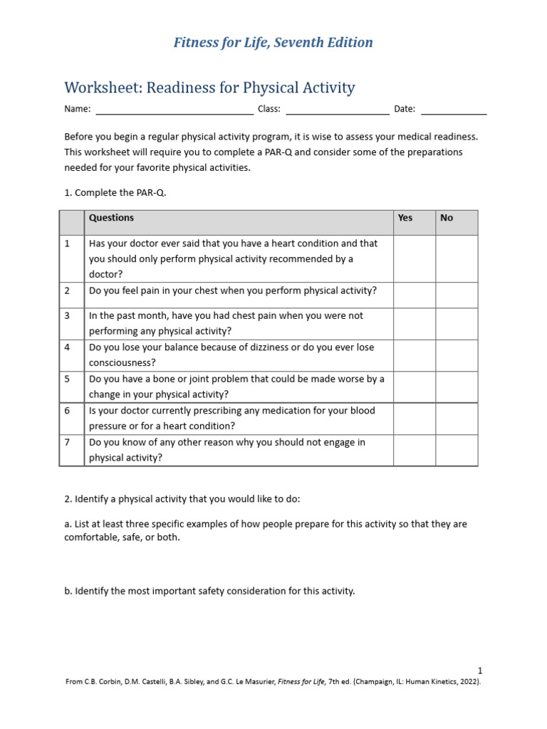 Worksheet - Readiness For Physical Activity | PDF