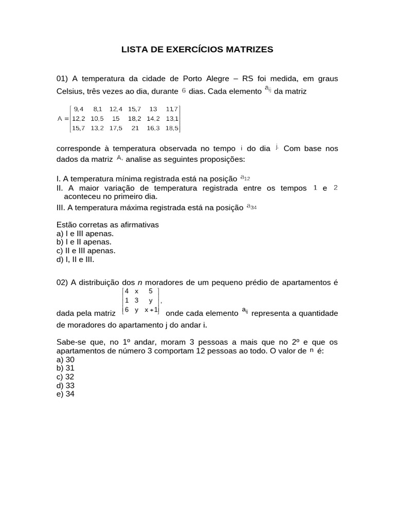 Lista de Exercícios Matrizes | PDF