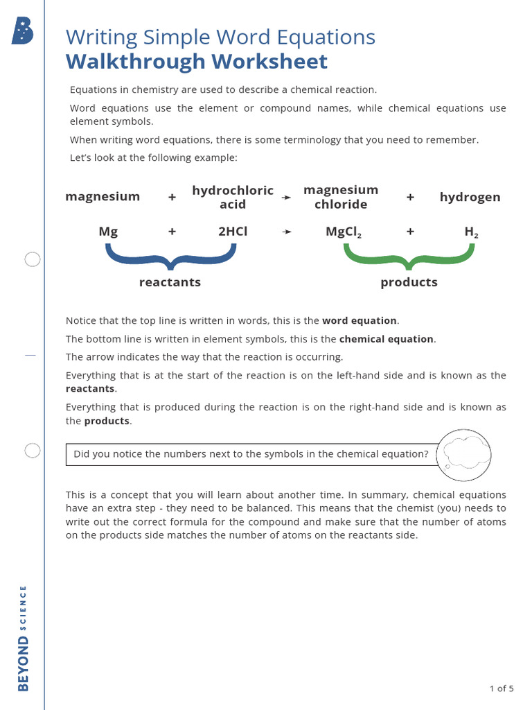 Writing Word Equations in Chemistry Worksheet | PDF
