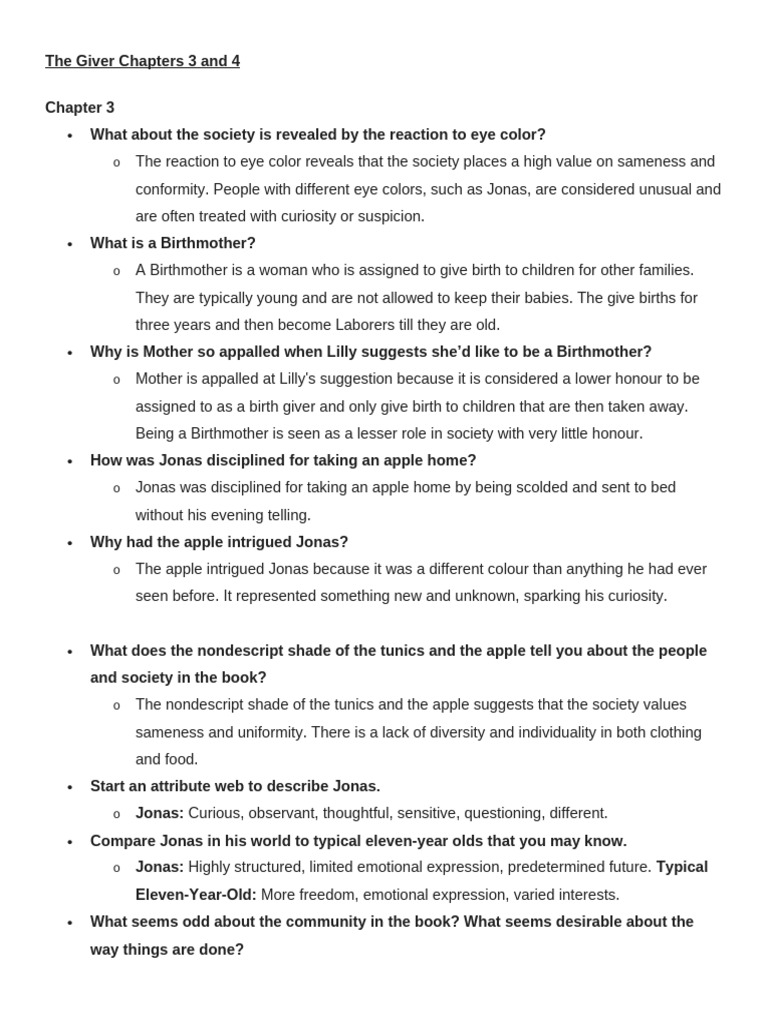 The Giver Chapters 3 and 4 | PDF