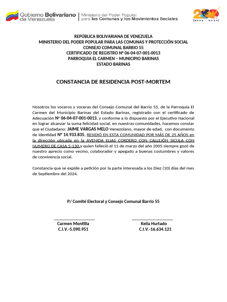 Carta Consejo Comunal Pos Mortem | PDF