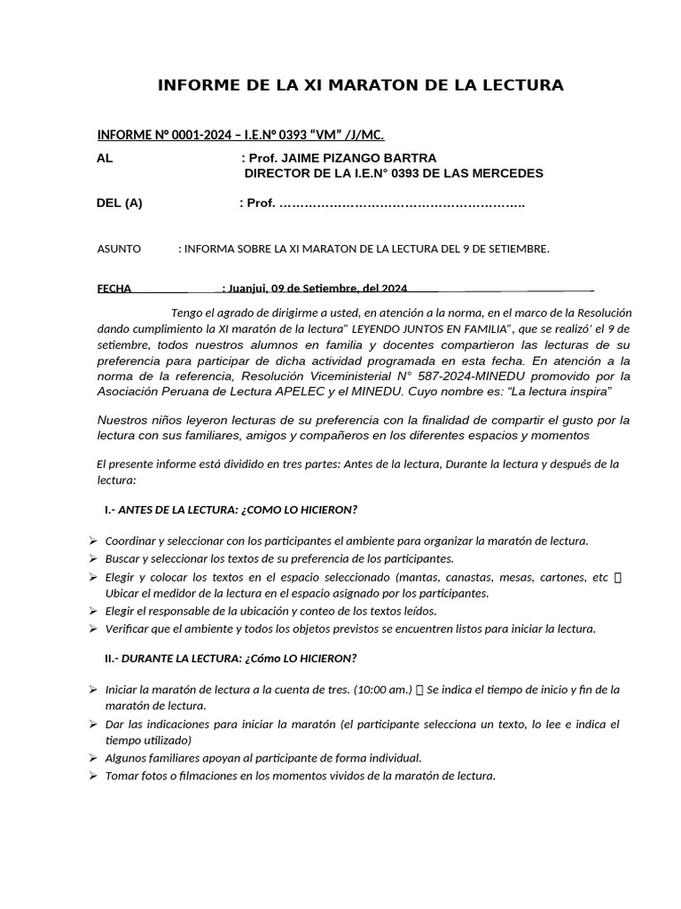 Informe de La Xi Maraton de La Lectura - I.e.n° 0393 VM - 2024 | PDF