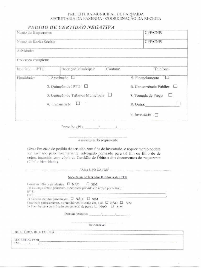 Formulário - Pedido de Certidão Negativa | PDF