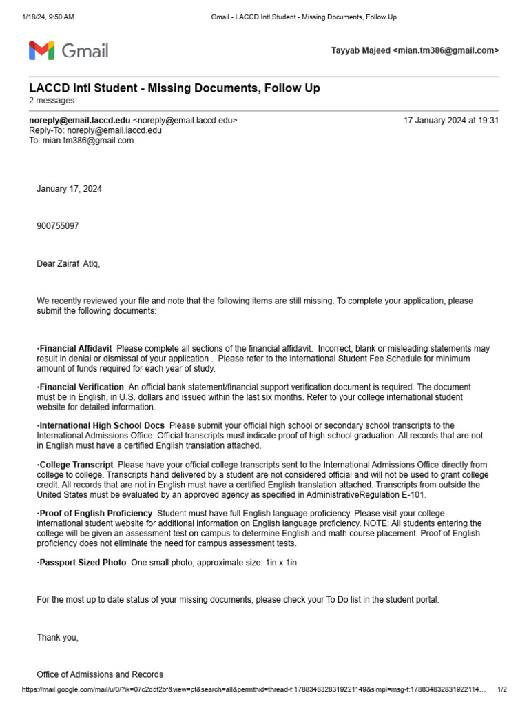 Gmail - LACCD Intl Student - Missing Documents, Follow Up | PDF