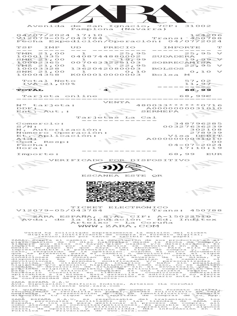 ZARA PAM-SAN IGNACIO Ticket de Compra | PDF